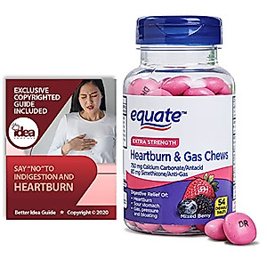 Equate Extra Strength Heartburn Relief + Gas Relief Chews, Mixed Berry, 54 Ct Bundle with Exclusive "Say "No" to Indigestion and Heartburn" - Better Idea Guide (2 Items)