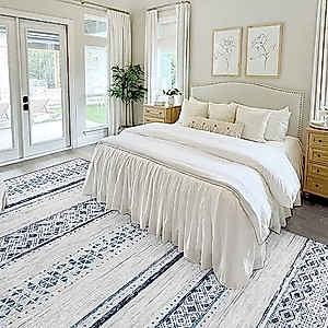 8x10 Area Rugs for Living Room Bedroom: Large Machine Washable Rug with Non-Slip Backing Non Shedding Stain Resistant, Soft Geometric Moroccan Carpet for Dining Room Nursery Home Office - Blue/Ivory