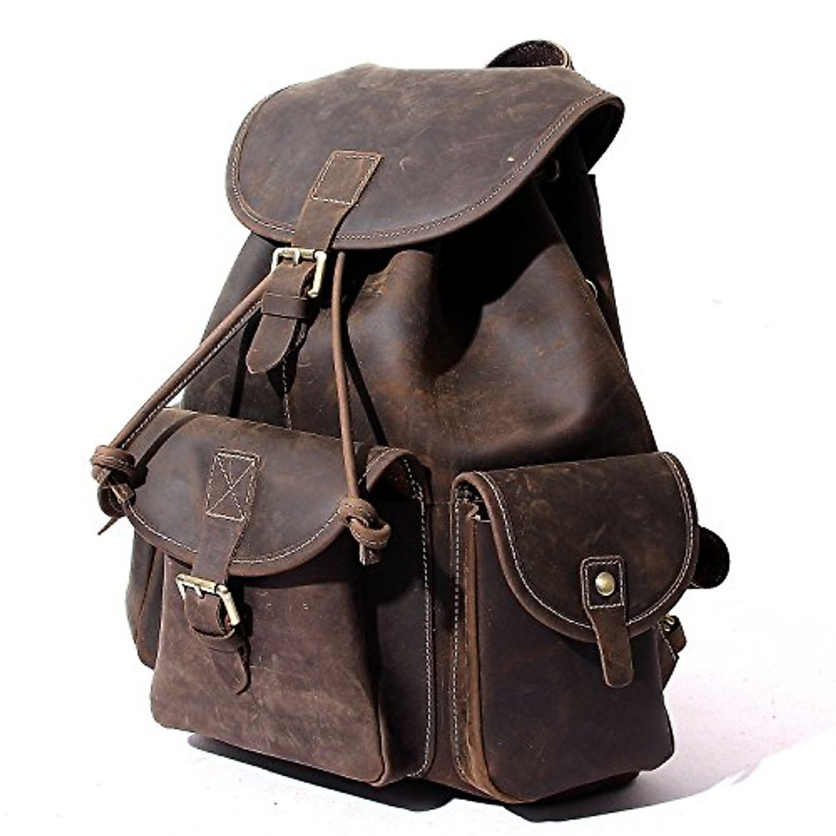 Berchirly Drawstring Backpacks Ladies 14.7Inch Leather School Shoulder Bags Bookbag Men Women Outdoor Bagpack Dark Coffee