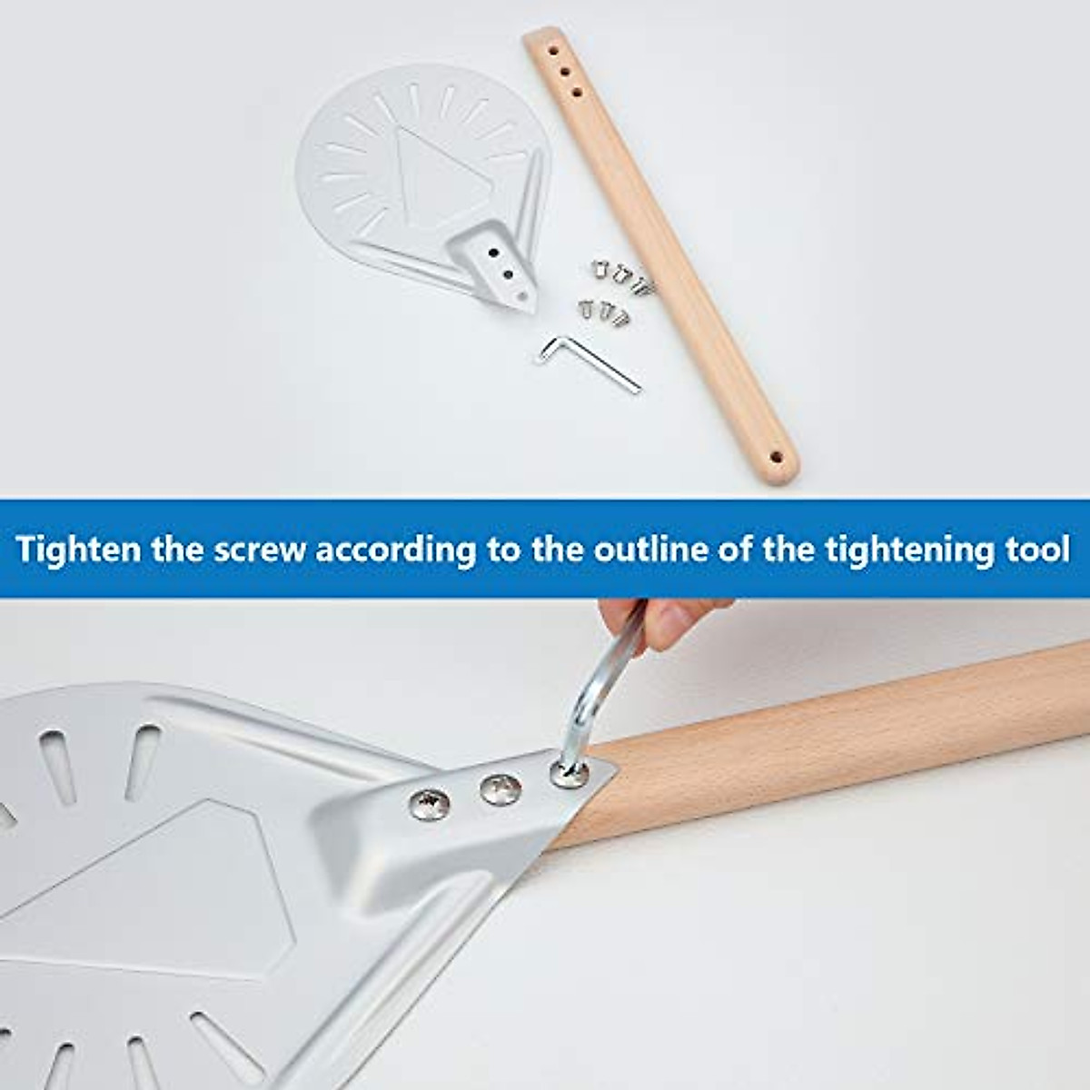 Round Perforated Pizza Peel Non-slip Durable Aluminum Turning Peel Pizza Paddle with 16 Inch Anti-Scalding Wooden Handle for Homemade Pizza Bread Bakers (7 Inch)