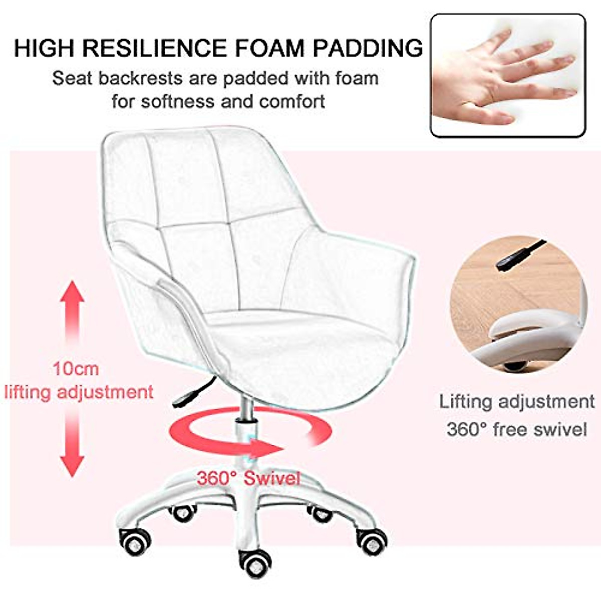 ECBETCR Chair Velvet Office Chair Adjustable Height, Executive Computer Desk Chair Comfort and Ergonomic Design for Lumbar Support, Pink, Blue, Grey, Yellow