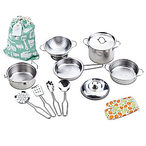 Play Pots and Pans Toys for Kids - Kitchen Playset Pretend Cookware Mini Stainless Steel Cooking Utensils Development Toys for Toddlers & Children Ages 3 Years and up