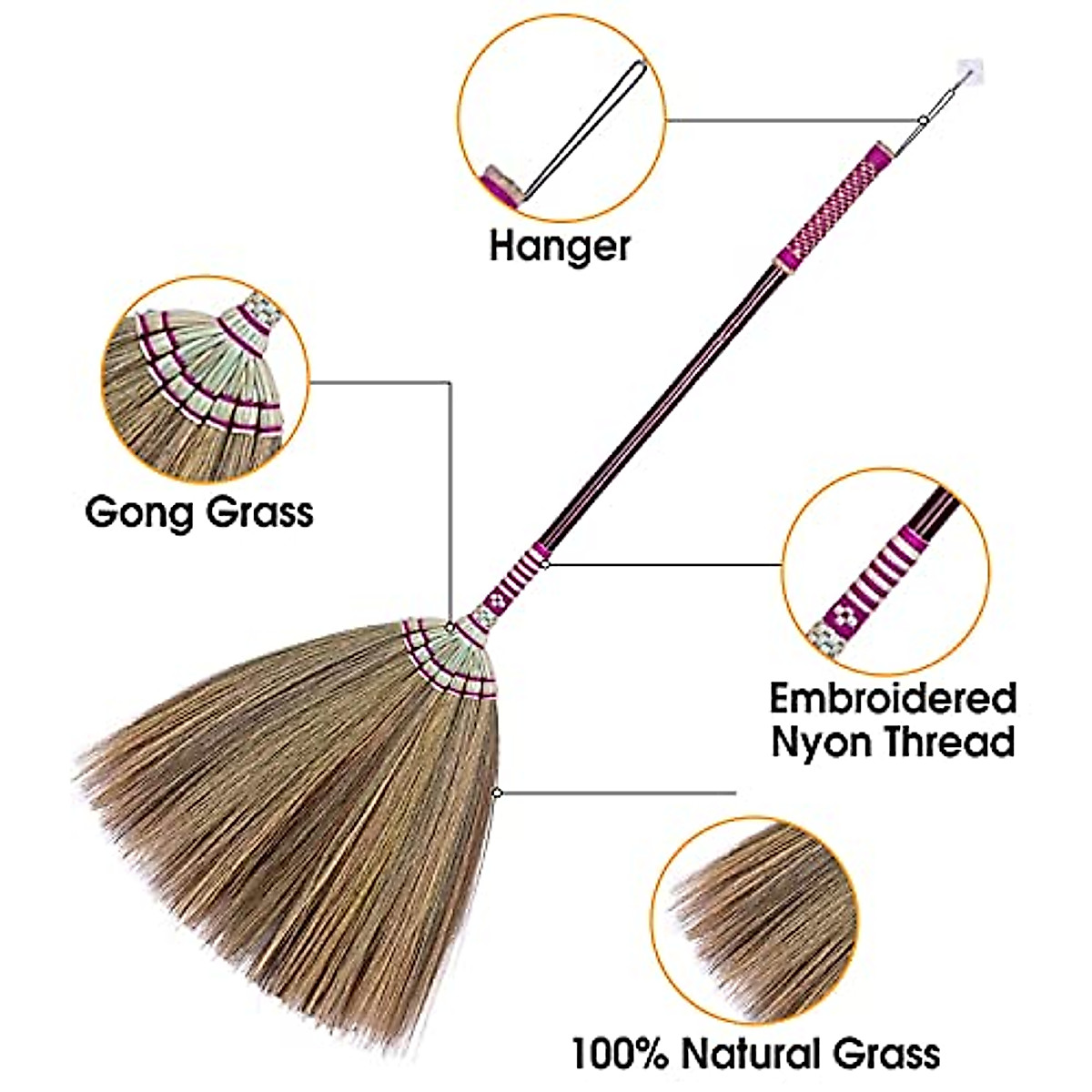 SKENNOVA - Thai Vintage Retro Grass Broom Stick, Long Handle Hand Grip The Reed Tree with Grass Durable Broom Housewarming Gifts Asian Broom 40 inch (Bamboo, 39 inch Tall)