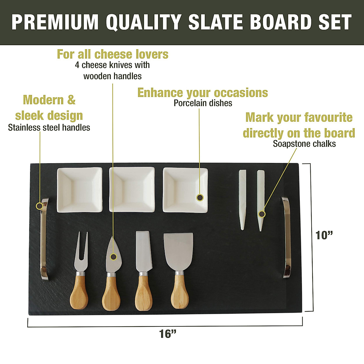 Olyv Branch Slate Cheese Board Set-10pc Serving Tray 16" x 10'' Large-Durable & Versatile Serving Tray Sealed with an Anti Stain Coating-Great for Home & Restaurant Cheese Tapas & Appetizers Serving