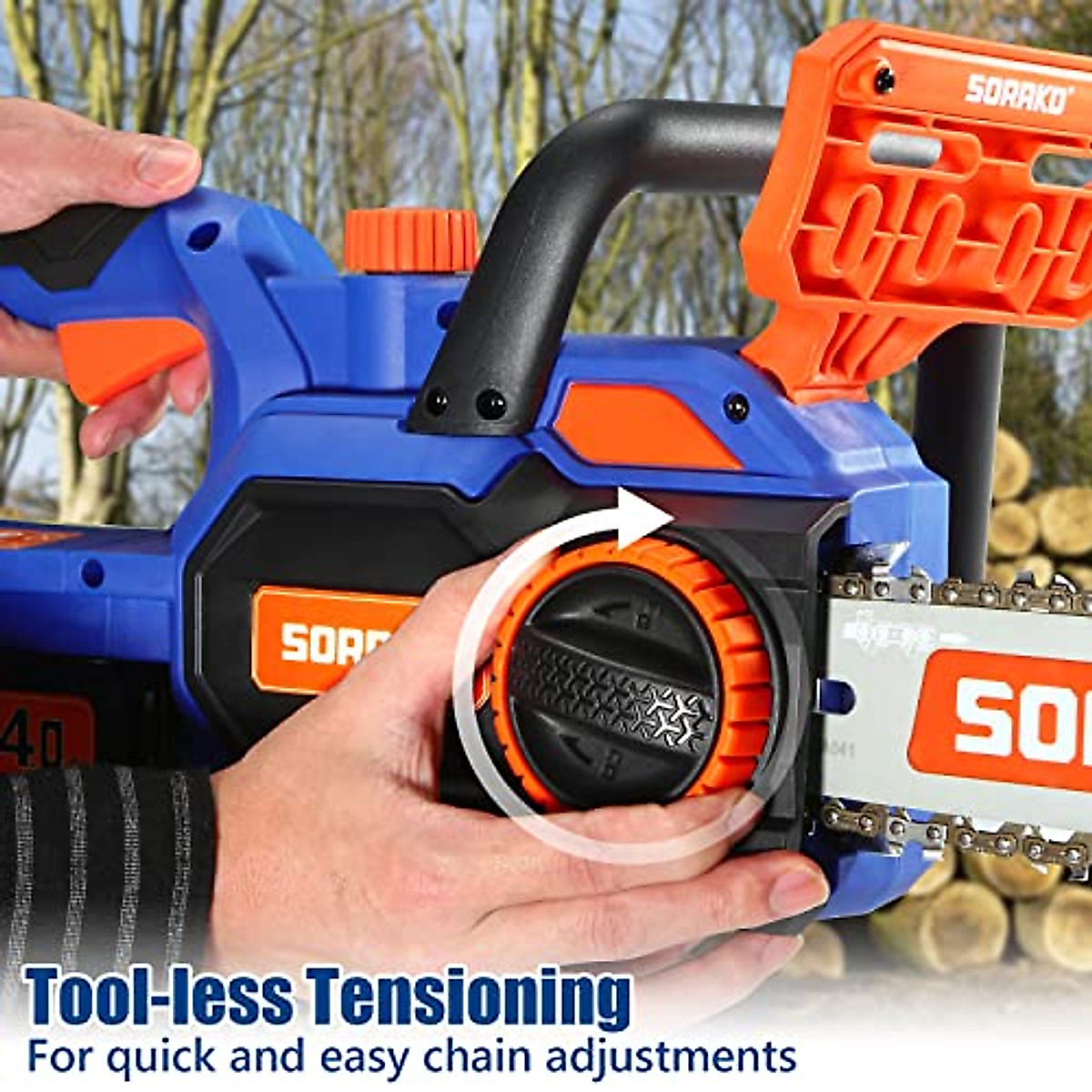 SORAKO 20V 10-Inch Cordless Chainsaw, Electric Chainsaw, Auto-Tension & Lubrication, Battery Powered Chain Saw for Trees Trimming& Wood Cutting, 4.0Ah Battery and Charger Included