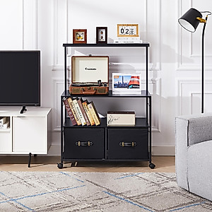 VECELO Fabric Lateral Filing Cabinet with 3 Open Storge Shelves Movable Printer Stand with 2 Large, Home Office, Suitable for A4 Or Letter Size,Black, 2 Drawer