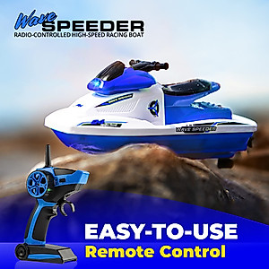 Force1 Wave Speeder RC Boat for Kids - Remote Control Boat for Pool Water or Lake Play, Mini RC Boat Toy with Remote Kid Motor Boat, Rechargeable Battery, Dual Motor, USB Charger, 2.4GHz Remote (Blue)