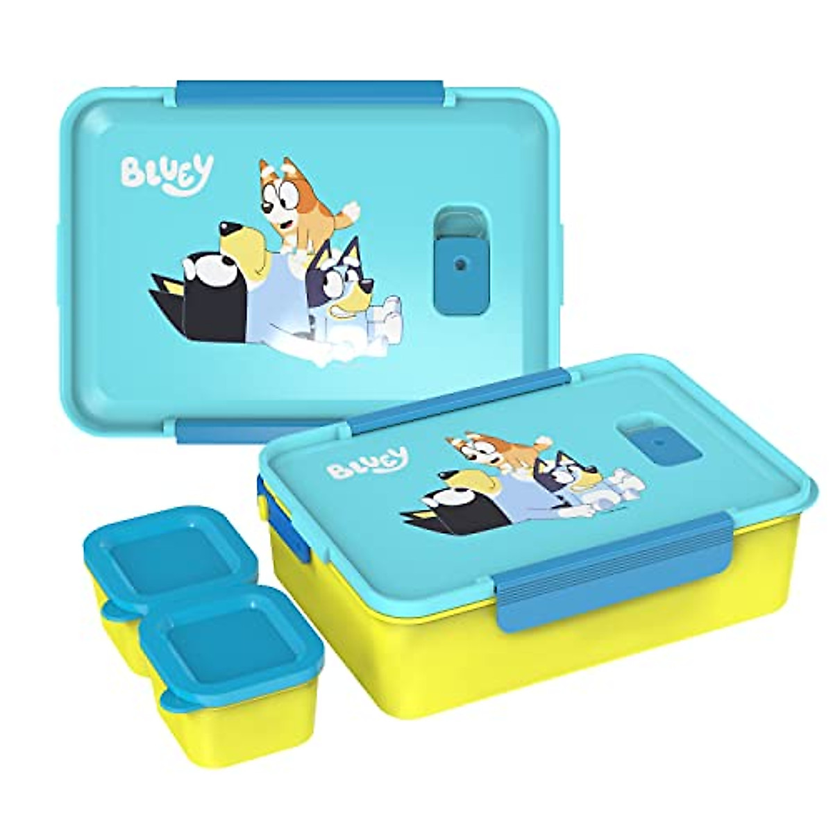 Zak Designs Bluey Reusable Plastic Bento Box with Leak-Proof Seal, Carrying Handle, Microwave Steam Vent, and Individual Containers for Kids' Packed Lunch (3-Piece Set)