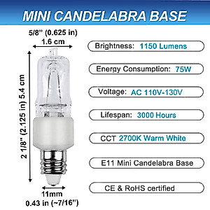 Vinaco E11 Bulb, JDE11 120v 75w Halogen Light Bulbs T4 E11 Bulb with E11 Mini Candelabra Base, High Output 1150lm E11 Halogen Bulb, 4PCS E11 Light Bulb with Warm White