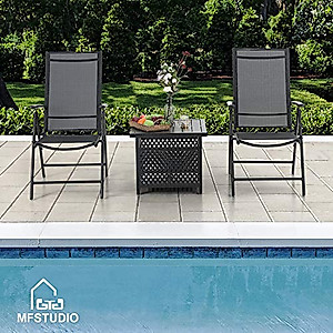 MFSTUDIO 3 Piece Metal Patio Dining Set,Outdoor Bistro Furniture with1 x Wrought Iron Square Table with Umbrella Hole and 2 x Folding Sling Chairs with 7 Levels Adjustable (Black)