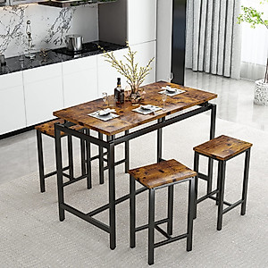 AWQM Bar Table and Stools Set, Rectangle Dining Table Set for 4, Industrial Counter Height Kitchen Bar Table and Chairs Set for Breakfast Nook, Restaurant, Apartment, Small Spaces - Rustic Brown