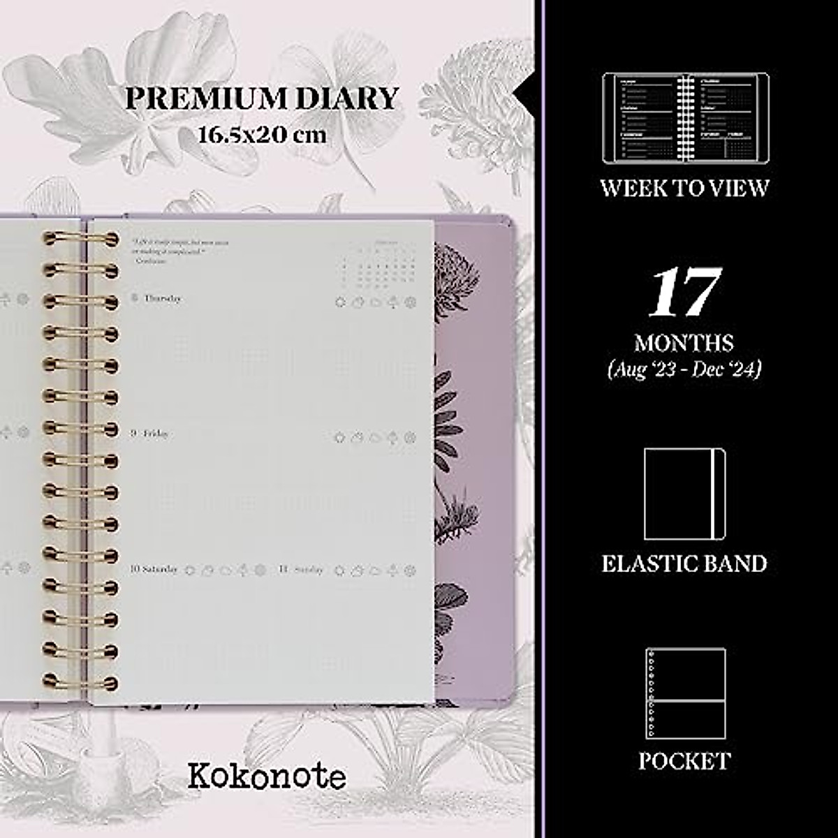 Kokonote Botanical Diary 2024 | 17 Months Diary Week To View | August 2023 - December 2024 | Mid Year Diary 2023-2024 With Stickers | Cute Stationery | Stationery Gifts