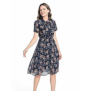 HAOKEKE Women Summer Print Dress Short Sleeves Chiffon Dress Retro Pleated Buttons Down Bow Tie Fairy Lady Dress Blue Flower US 12-14