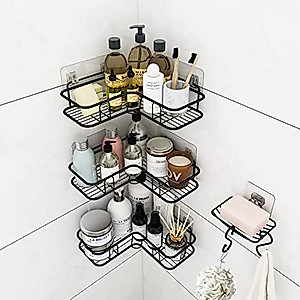 TOVE KNIGHTY Shower Caddy, 4-PCS Corner Shower Shelves, Bathroom organizer Rustproof Shower Basket with Soap Dish and Hooks, No Drilling Adhesive Storage Organizer for Bath, Toilet, Kitchen and Dorm