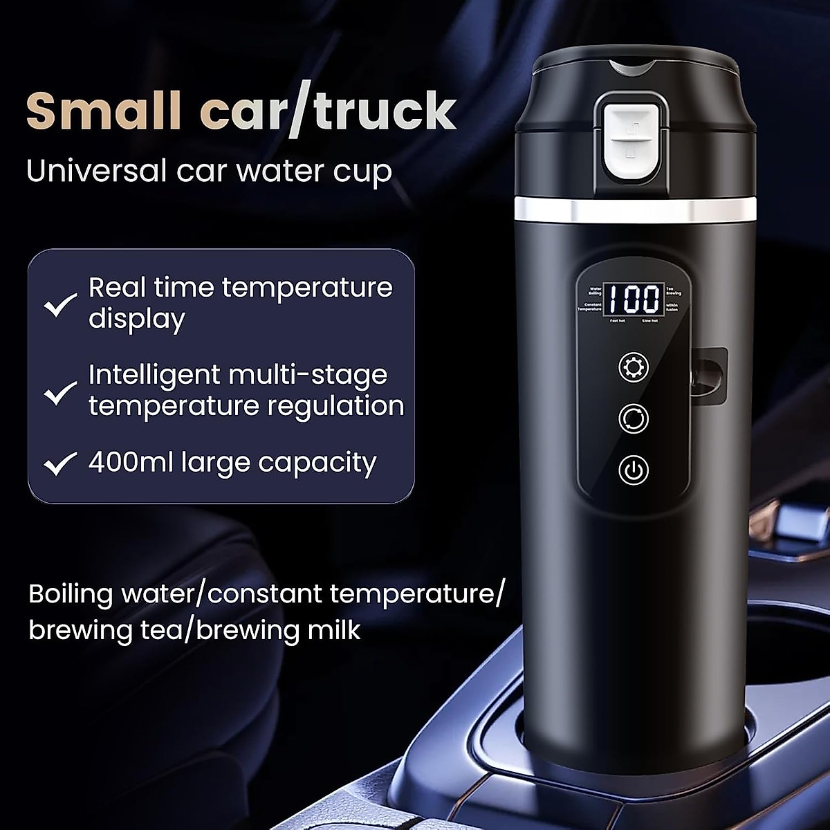 DC 12V/24V Car Travel Electric Kettle, 400ml Car Heating Mug with Anti-Spill Lid, Leak-proof, 304 Stainless Steel Liner Portable Coffee Tea Cup Up to 100℃ Variable Temp Control Bottle