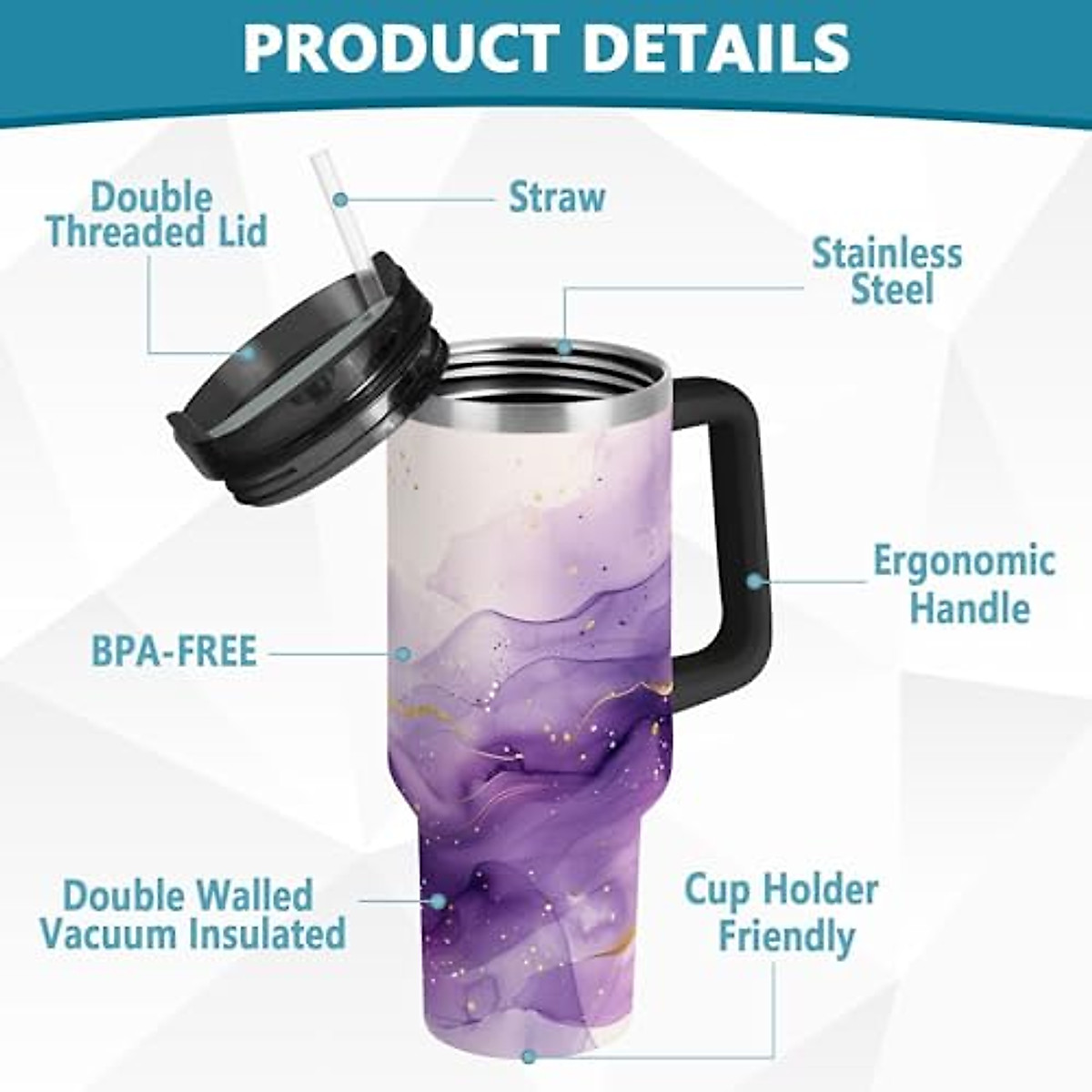 FRCSDIY Marble Insulated Tumbler with Handle and Straw Lid,40oz Leakproof Stainless Steel Cup BPA-Free Water Bottle