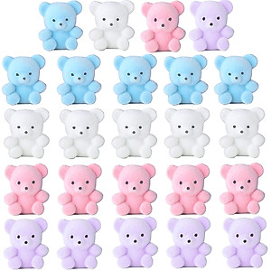 Aoriher 24 Pcs Miniature Flocked Plush Mini Bears Stuffed Bear Decorations for Birthday Baby Shower Cake Wedding Decorations Party Favor Supplies Bag Charm DIY (White, Pink, Purple, Blue)