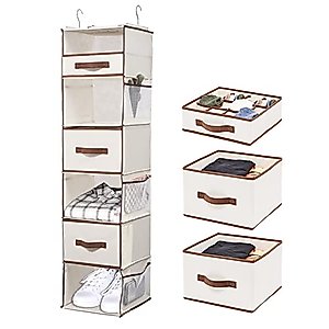 Vercord 6 Shelf Hanging Closet Organization Foldable Hanging Shelves Clothes Storage with 2 Large Drawer 1 Sock Drawer 6 Mesh Pocket.