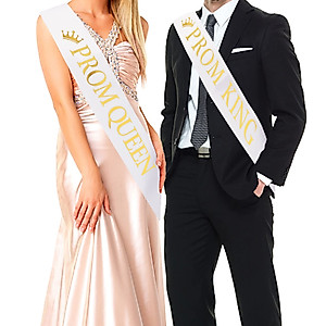 BAHABY Prom King and Prom Queen Satin Sash - Graduation Party School Party Accessories Bachelorette Party Wedding Bridal Shower Party Favors, White with Gold Print
