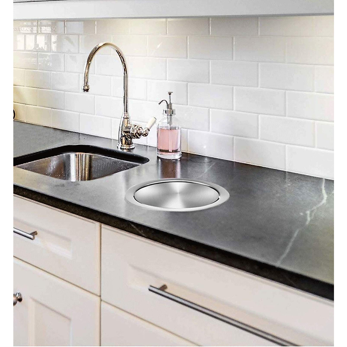 Built-in Countertop Trash Bin Waste Lid Balance Flap Cover- Stainless Steel Kitchen Garbage Can Grommet Recessed Trash Can Lid