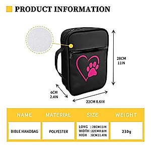Suhoaziia Dog Paw Heart Pink Bible Cover, Tote Portable Scripture Journaling Notebook Protector with Handle and Zipper Pocket