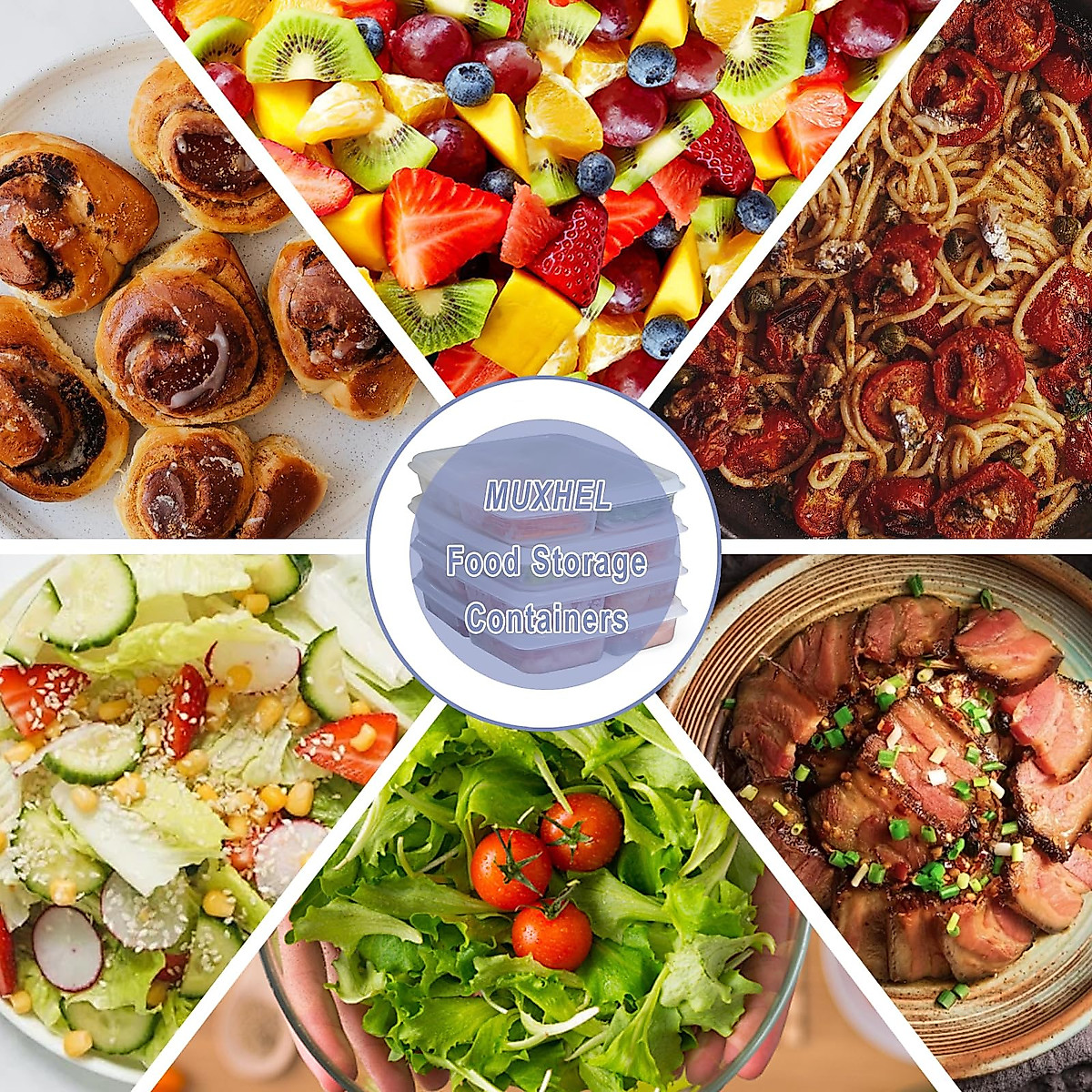 MUXHEL 8 Pcs 4 Compartment Food Storage Containers with Lids, BPA-Free Divided Serving Tray Container Reusable, Plastic Freezer Storage Containers for Storing Fruits, Vegetables, Meat