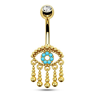 COCHARM Evil Eye Belly Button Rings Dangling 18K Gold Plated Belly Rings for Women 14g Dangle Belly Button Piercing Gold Turquoise Eye Belly Button Jewelry Cute Navel Rings