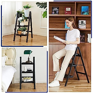 Double Elite Step Ladder 3 Step Folding, Sturdy 330 Lbs Small Step Stool for Adults, Safer Full Steel Multi-use Kitchen Ladder for Home, Closet Step Stool Ladder with Anti-Slip Wide Pedals, Black