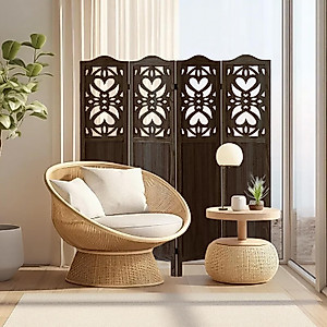 Leesinwing Room Divider, 4 Panel Room Divider, Tung Wood Room Divider Wall, Carved Vault Room Dividers, Rustic Minimalism Room Partition, 5.6Ft Room Dividers and Folding Privacy Screens, Dark Brown