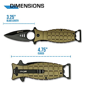 MTECH USA – Spring Assisted Folding Knife – Black Stainless Steel Blade, Green Aluminum Grenade Style Handle w/Bottle Opener and Pocket Clip, Tactical, EDC, Self Defense- MT-A588GN
