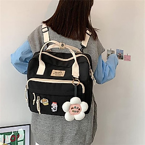 JELLYEA Kawaii Backpack Cute Tote Bag with Flower Accessories Kawaii Pins for Girls School Rucksack (Black)