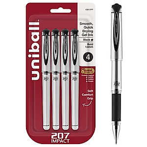 uni-ball 207 Impact Gel Pens, Bold Point (1.0mm), Black, 4 Count