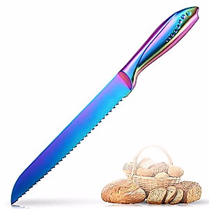 WELLSTAR Bread Knife 8 Inch, Serrated Bread Cutter, Ultra Sharp German Stainless Steel Blade and Comfortable Handle with Rainbow Titanium Coated for Slicing Breads Loaves Bagel Cake and Large Fruit