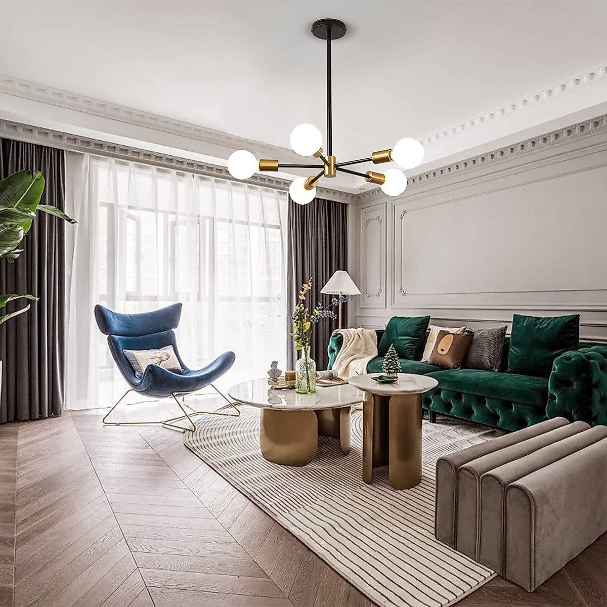 KAISITE Sputnik Chandelier Light Fixture - Modern 5-Light Sputnik Ceiling Light Height Adjustable Gold and Black Hanging Pendant Lighting for Living Room Kitchen Bedroom Hallway Farmhouse