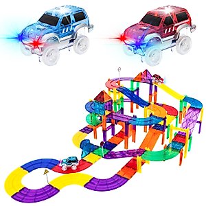 PicassoTiles 100 PCs Race Car Track Set Magnetic Toy Building Block with 2 LED Cars with Height Adjustable Roads Signs Education STEM Building Kit Learning Construction Fun for Boys & Girls Ages 3+