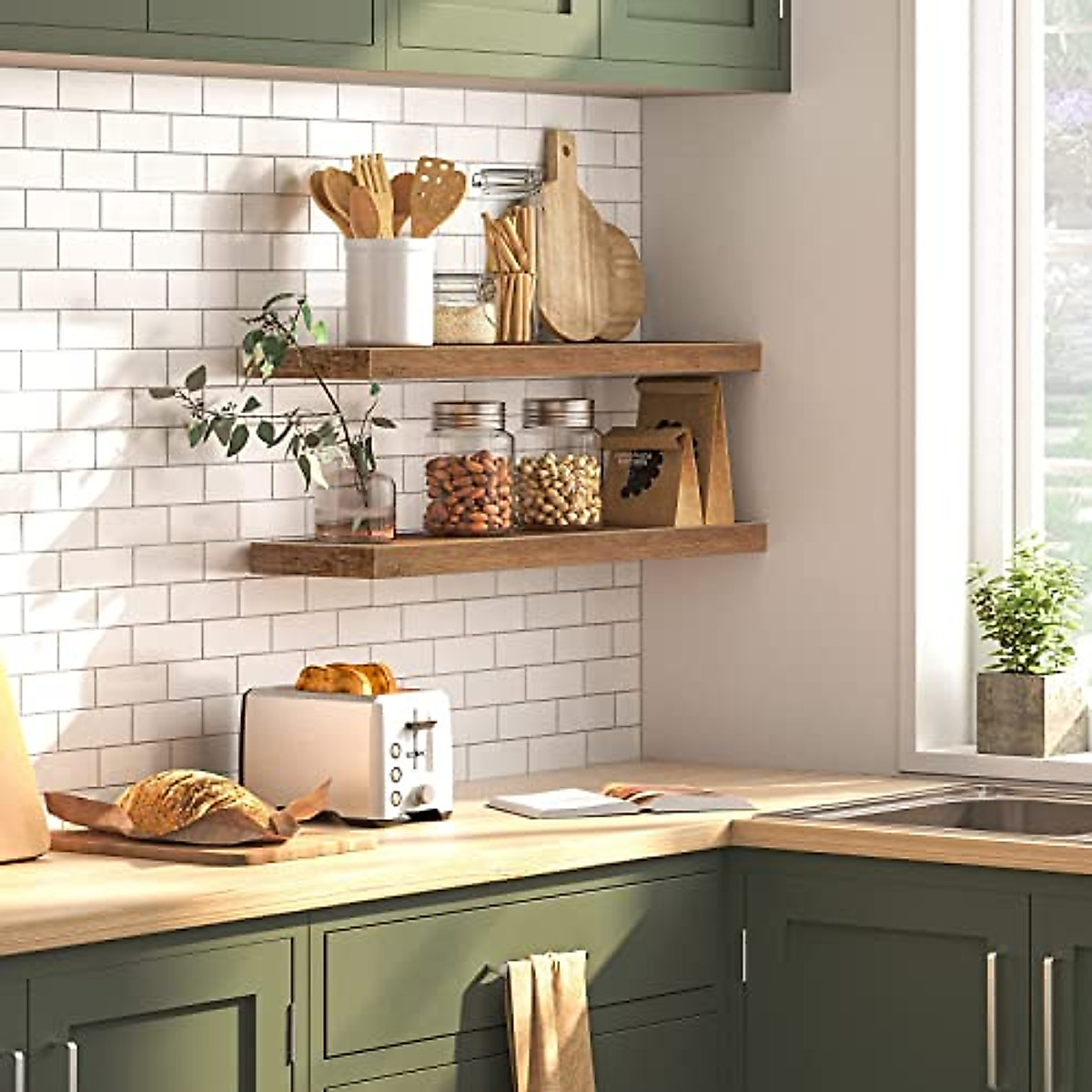 ALLOSWELL Floating Shelves, Decorative Wall Shelf Set of 2, 31.5 inch, Long Hanging Shelves, Easy to Install, for Kitchen, Living Room, Bathroom, Laundry Room, Rustic Brown FSHR8001S2