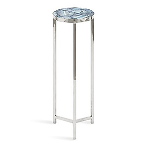 Kate and Laurel Aguilar Modern Round Drink Table, 8 x 8 x 23, Blue and Silver, Small Accent Table for Use as Plant Pedestal Stand with Agate Stone Tabletop