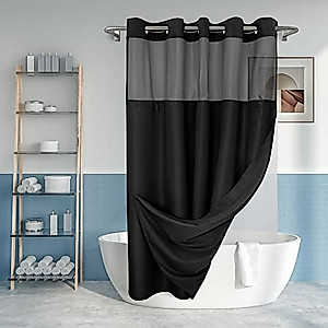 No Hook Slub Textured Shower Curtain with Snap-in PEVA Liner Set - 71" x 74"(72"), Hotel Style with See Through Top Window, Machine Washable & Water Repellent Fabric, Black, 71x74