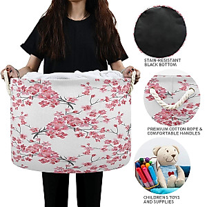 SUABO Large Pink Storage Basket, Cherry Blossoms Laundry Hamper Collapsible Hamper Bin with Handle, Laundry Baskets for Clothes, 20x14