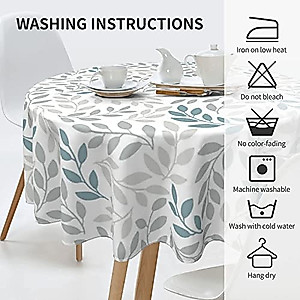 Leaf Grey Tablecloth Summer 60 Inch Round Teal Tablecloth Leaves Rustic with Wrinkle Resistant for Party, Picnic, Tabletop, Dining Room, Indoor and Outdoor Dining, Decorative Patio