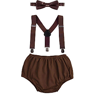ODASDO Toddler Kids Baby Boy 1st First Birthday Cake Smash Outfit Bow Tie Y-back Suspenders Bloomers Diaper Cover Shorts Pants 3pcs Clothes Set One Year Old Photo Props Coffee