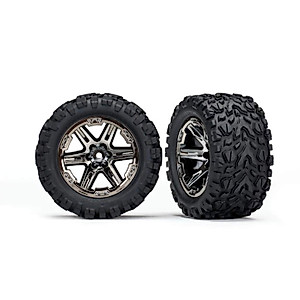 Traxxas 6773X - Rustler 4x4 Tires & Wheels,Unisex Assembled, glued (2.8') (RXT Black Chrome Wheels, Talon Extreme Tires, Foam Inserts) (2) (TSM Rated)