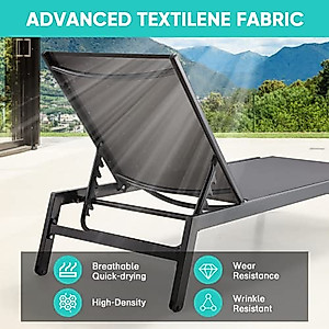 EROMMY Outdoor Chaise Lounge Chairs, Set of 2 All-Weather Patio Loungers with 5-Position Adjustable Backrest & Removable Cushions & Wooden Texture Design, Reclining Chair for Beach, Poolside, Balcony