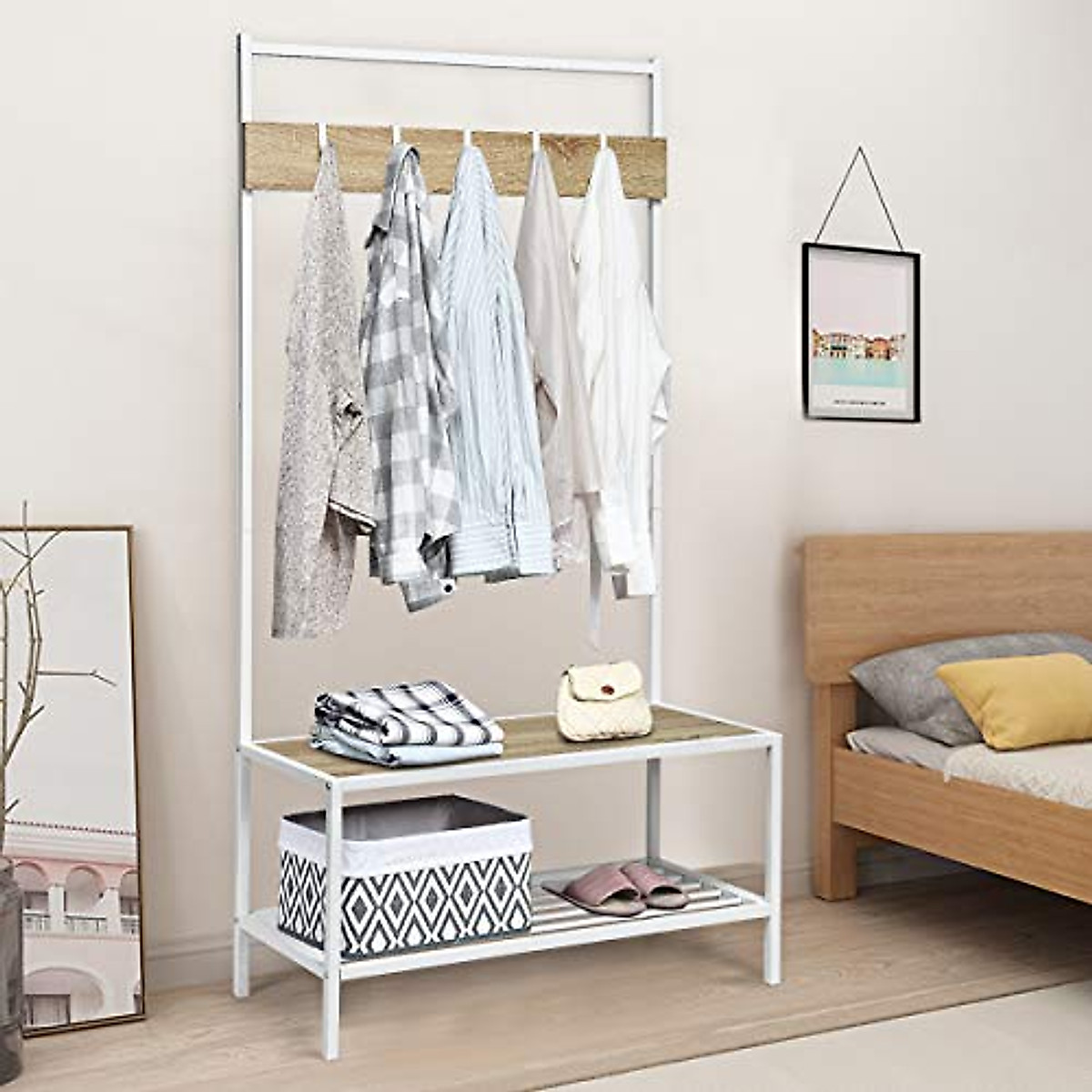 Tangkula Hall Tree with Bench and Shoe Storage, 3-In-1 Industrial Entryway Bench with Coat Rack, Wood Look Coat Rack Shoes Bench Storage Organizer for Home & Office, Coats/Hats/Shoes (Coffee)