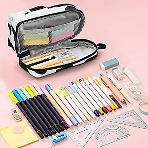 Black Cow Skin Pencil Case Big Capacity Pen Bag with Compartment Students Schoolbag Shape Stationery Organizer Pencil Pouch Marker Case for School Office Work