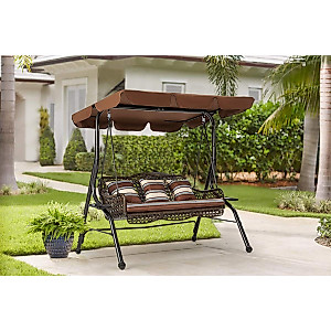 U-MAX 3-Seat Outdoor Patio Swing Chair, Large Converting Canopy Porch Swing Glider, Hammock Lounge Chair for Porch, Rattan Wicker Steel Frame Cushion & Pillow, Brown