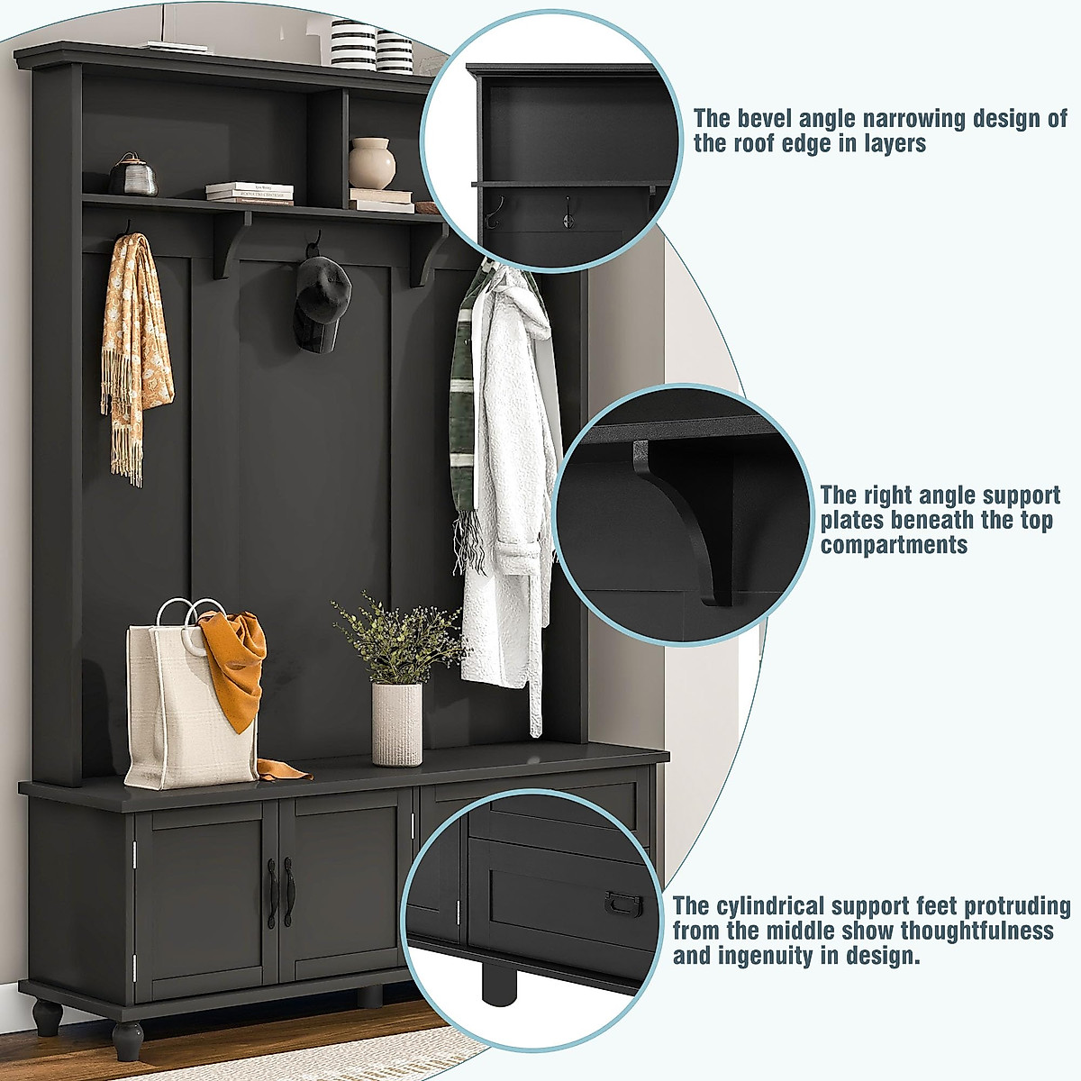 Wide Hall Tree with Storage Bench Coat Rack with Cabinet and 2 Drawers Wooden High Back Mudroom Bench with 5 Hooks for Mudrooms Organization Entryway Living Room, Black