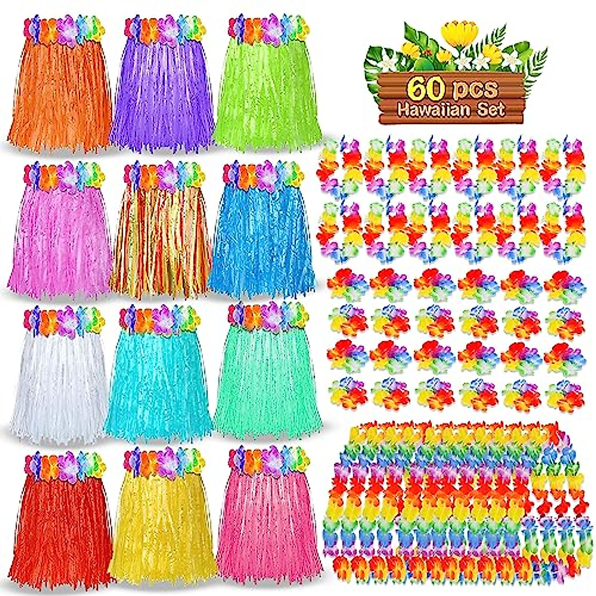 60 Pcs Hawaiian Luau Hula Skirts Decorations , Hawaiian Grass Skirts Leis Necklaces Bracelets for Tropical Beach Party Holiday Party Favor Decorations Tropical Themed Party Dance,Festive Occasions