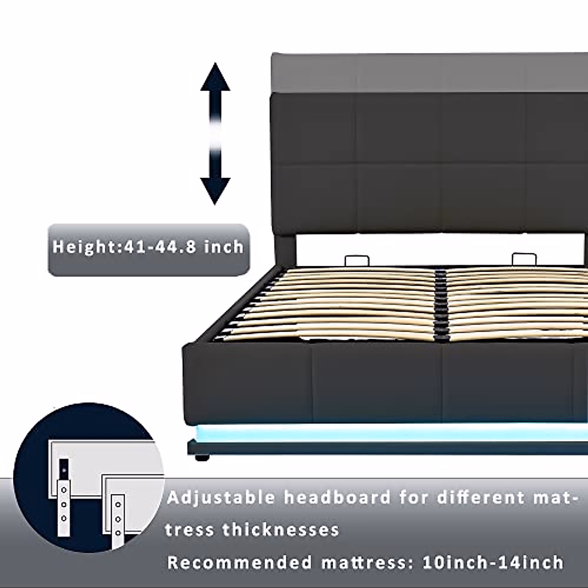 Anwickhomk Queen Size Lift Up Storage Bed/with Storage and LED Light Button Tufted Wingback Headboard and USB Charger, Hydraulic Storage System for Kids Teens and Adults, No Box Spring Needed (Black)