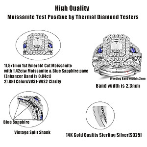 DovEggs 3.2ct Total 5x7mm GHI Emerald Cut Moissanite Antqiue Double Halo Engagement Ring Moissanite&Blue Sapphire Accents Curved Enhancer Guard Wedding Ring Set 14k Gold Quality Sterling Silver(6)